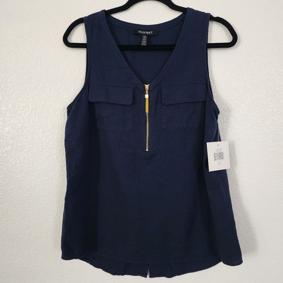 Ellen Tracy | Tops | Nwt Ellen Tracy Navy Blue Sleeveless Top With Gold ...